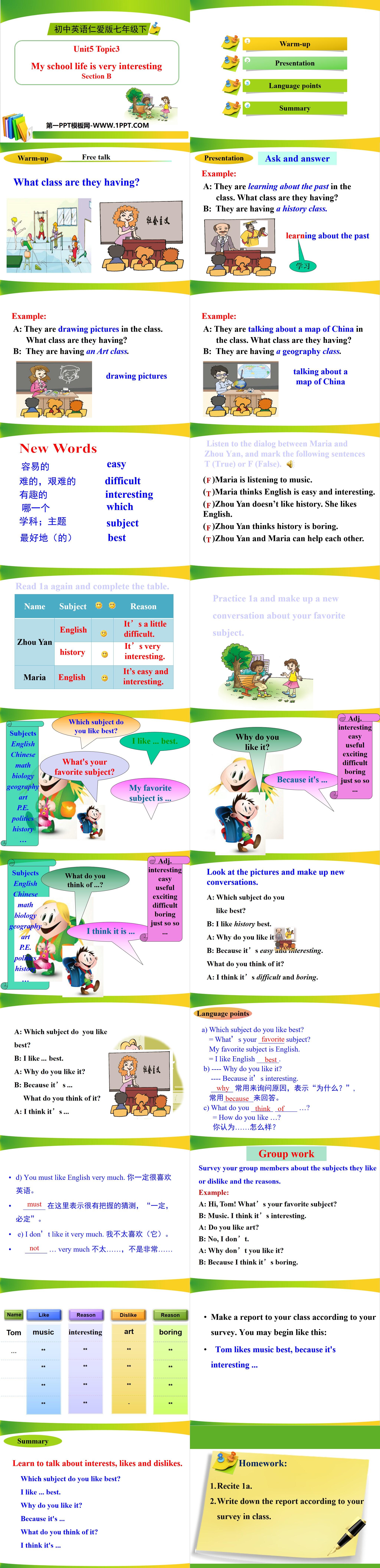 《My school life is very interesting》SectionB PPT -仁爱版英语七年级下册-